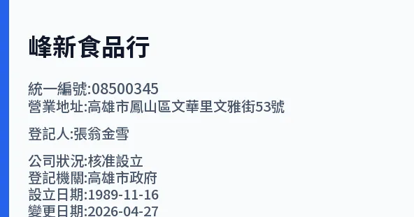 峰新食品行的照片-統編 08500345(高雄市) 公司登記資料與營業項目詳細圖表