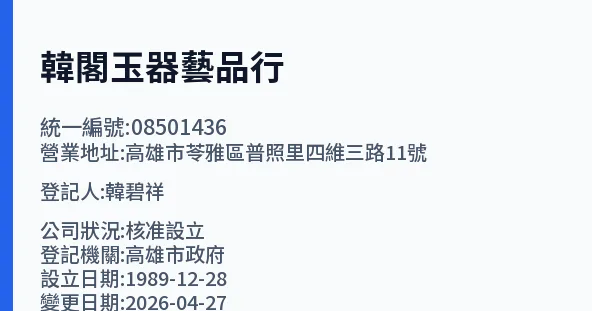 韓閣玉器藝品行的照片-統編 08501436(高雄市) 公司登記資料與營業項目詳細圖表