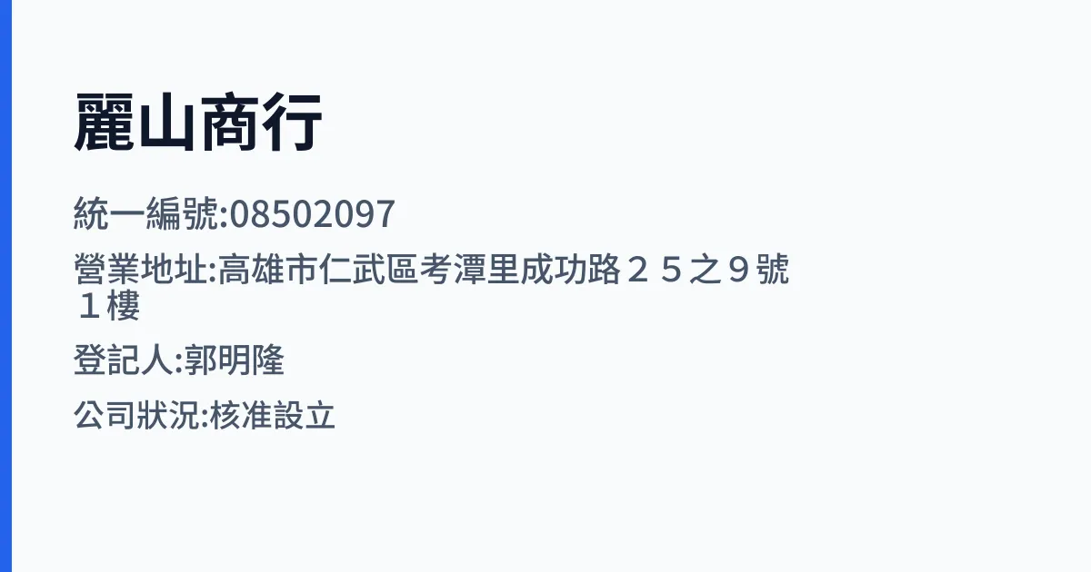 麗山商行 - 統編 08502097(高雄市) 公司登記資料與營業項目詳細圖表