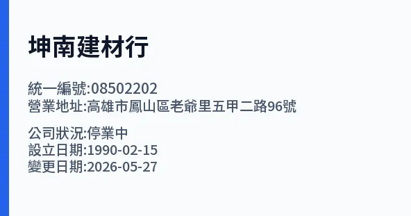 坤南建材行的照片-統編 08502202(高雄市) 公司登記資料與營業項目詳細圖表