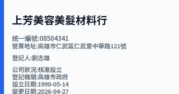 上芳美容美髮材料行的照片-統編 08504341(高雄市) 公司登記資料與營業項目詳細圖表