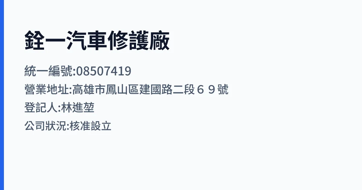 銓一汽車修護廠 - 統編 08507419(高雄市) 公司登記資料與營業項目詳細圖表