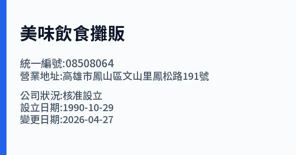 美味飲食攤販的照片-統編 08508064(高雄市) 公司登記資料與營業項目詳細圖表