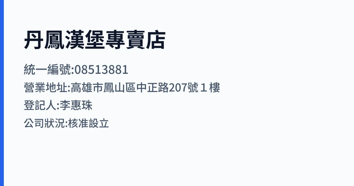 丹鳳漢堡專賣店 - 統編 08513881(高雄市) 公司登記資料與營業項目詳細圖表
