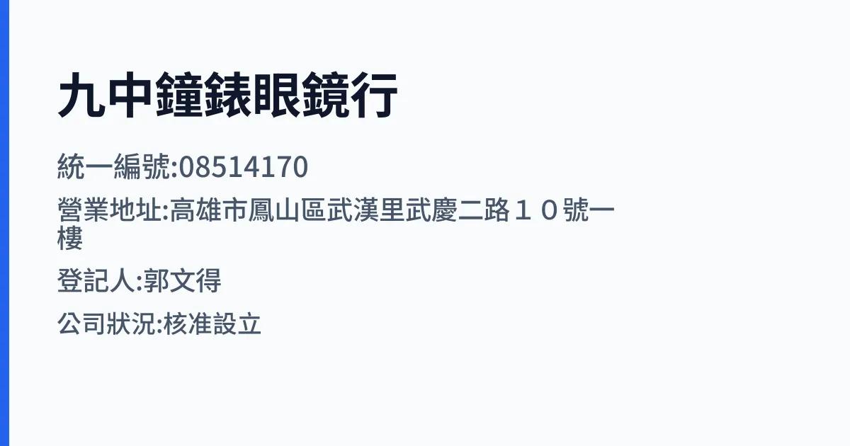 九中鐘錶眼鏡行 - 統編 08514170(高雄市) 公司登記資料與營業項目詳細圖表