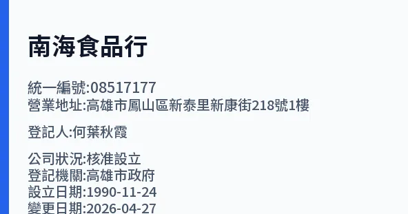 南海食品行的照片-統編 08517177(高雄市) 公司登記資料與營業項目詳細圖表