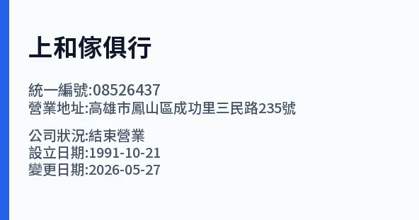 上和傢俱行的照片-統編 08526437(高雄市) 公司登記資料與營業項目詳細圖表