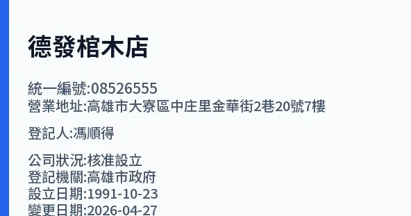 德發棺木店的照片-統編 08526555(高雄市) 公司登記資料與營業項目詳細圖表