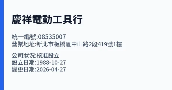 慶祥電動工具行的照片-統編 08535007(新北市) 公司登記資料與營業項目詳細圖表