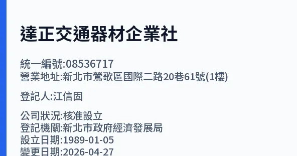 達正交通器材企業社的照片-統編 08536717(新北市) 公司登記資料與營業項目詳細圖表