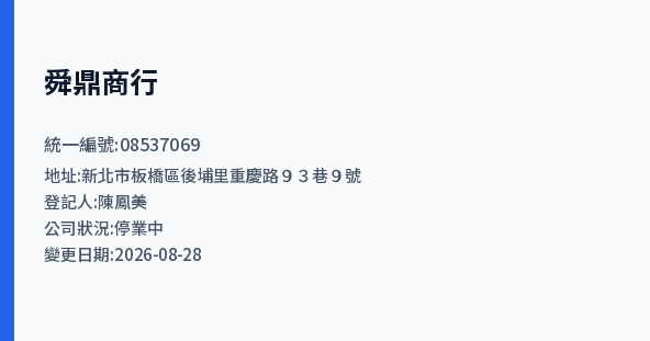 舜鼎商行的照片-統編 08537069(新北市) 公司登記資料與營業項目詳細圖表