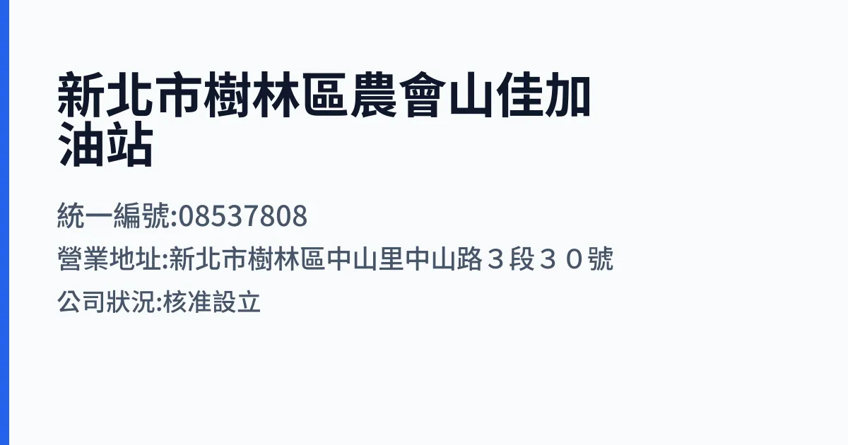 新北市樹林區農會山佳加油站 - 統編 08537808(新北市) 公司登記資料與營業項目詳細圖表
