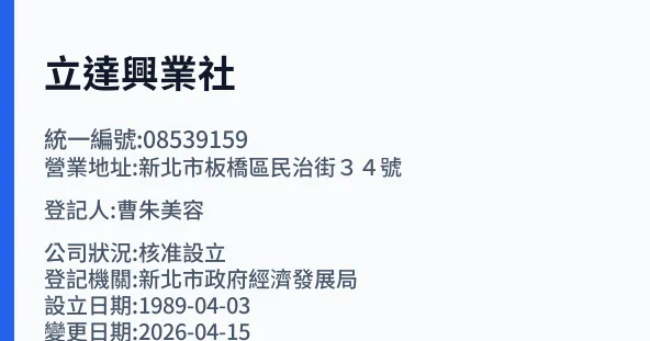 立達興業社的照片-統編 08539159(新北市) 公司登記資料與營業項目詳細圖表