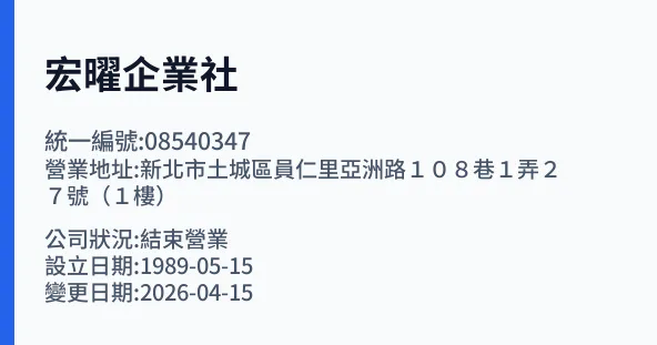 宏曜企業社的照片-統編 08540347(新北市) 公司登記資料與營業項目詳細圖表