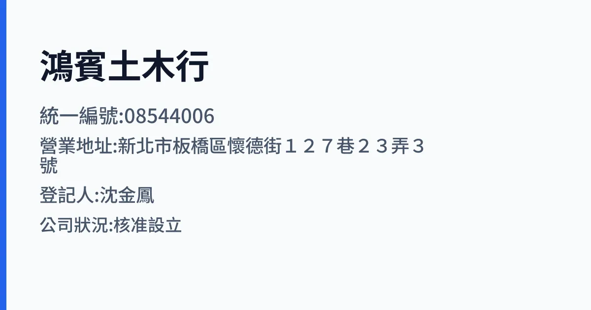 鴻賓土木行 - 統編 08544006(新北市) 公司登記資料與營業項目詳細圖表