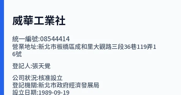 威華工業社的照片-統編 08544414(新北市) 公司登記資料與營業項目詳細圖表