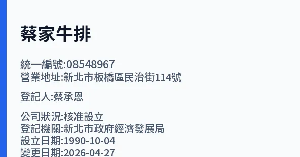蔡家牛排的照片-統編 08548967(新北市) 公司登記資料與營業項目詳細圖表
