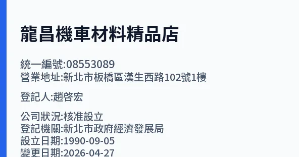 龍昌機車材料精品店的照片-統編 08553089(新北市) 公司登記資料與營業項目詳細圖表