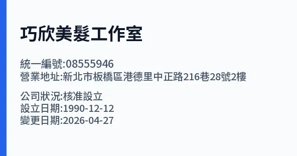 巧欣美髮工作室的照片-統編 08555946(新北市) 公司登記資料與營業項目詳細圖表