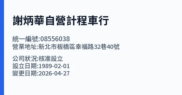 謝炳華自營計程車行的照片-統編 08556038(新北市) 公司登記資料與營業項目詳細圖表