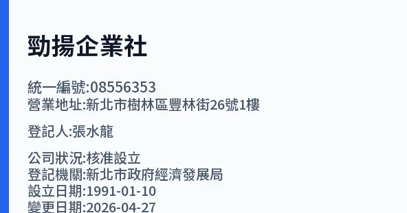 勁揚企業社的照片-統編 08556353(新北市) 公司登記資料與營業項目詳細圖表