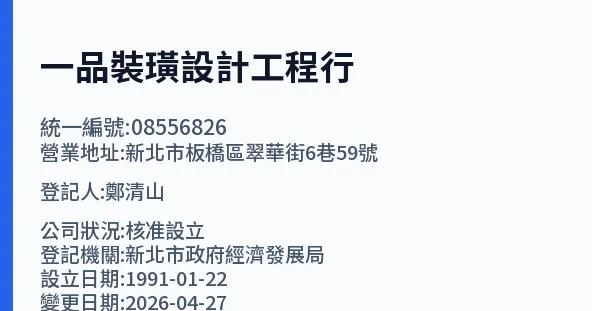 一品裝璜設計工程行的照片-統編 08556826(新北市) 公司登記資料與營業項目詳細圖表