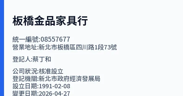 板橋金品家具行的照片-統編 08557677(新北市) 公司登記資料與營業項目詳細圖表