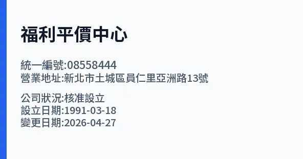 福利平價中心的照片-統編 08558444(新北市) 公司登記資料與營業項目詳細圖表