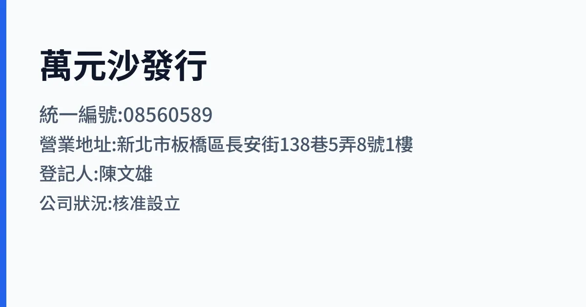萬元沙發行 - 統編 08560589(新北市) 公司登記資料與營業項目詳細圖表