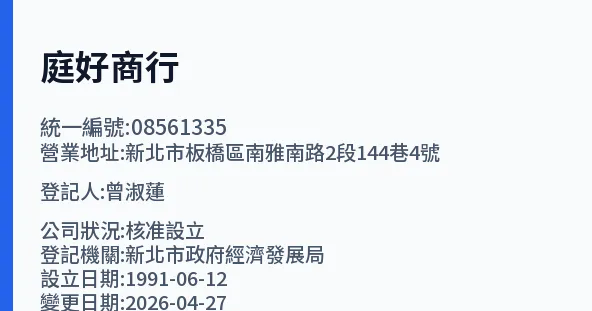 庭好商行的照片-統編 08561335(新北市) 公司登記資料與營業項目詳細圖表