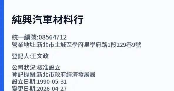 純興汽車材料行的照片-統編 08564712(新北市) 公司登記資料與營業項目詳細圖表
