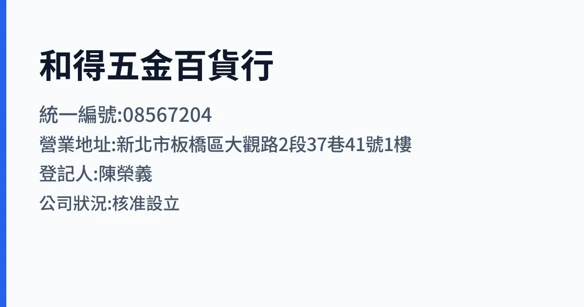 和得五金百貨行 - 統編 08567204(新北市) 公司登記資料與營業項目詳細圖表