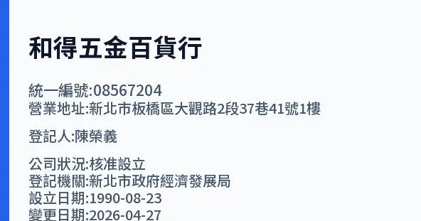 和得五金百貨行的照片-統編 08567204(新北市) 公司登記資料與營業項目詳細圖表