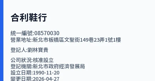 合利鞋行的照片-統編 08570030(新北市) 公司登記資料與營業項目詳細圖表