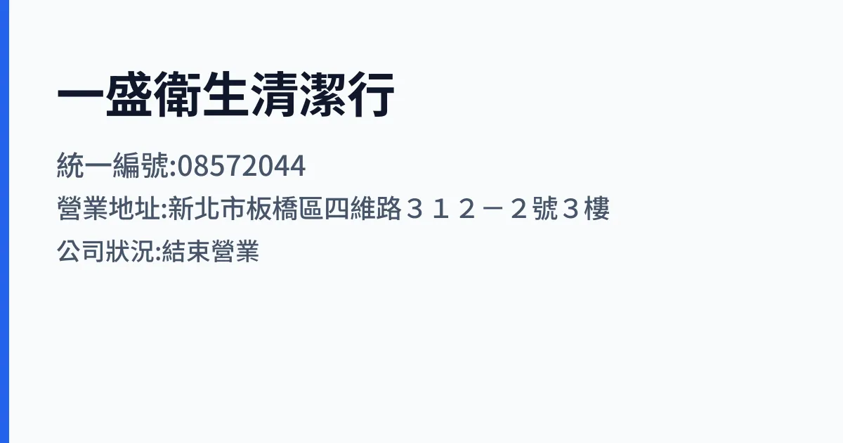 一盛衛生清潔行 - 統編 08572044(新北市) 公司登記資料與營業項目詳細圖表