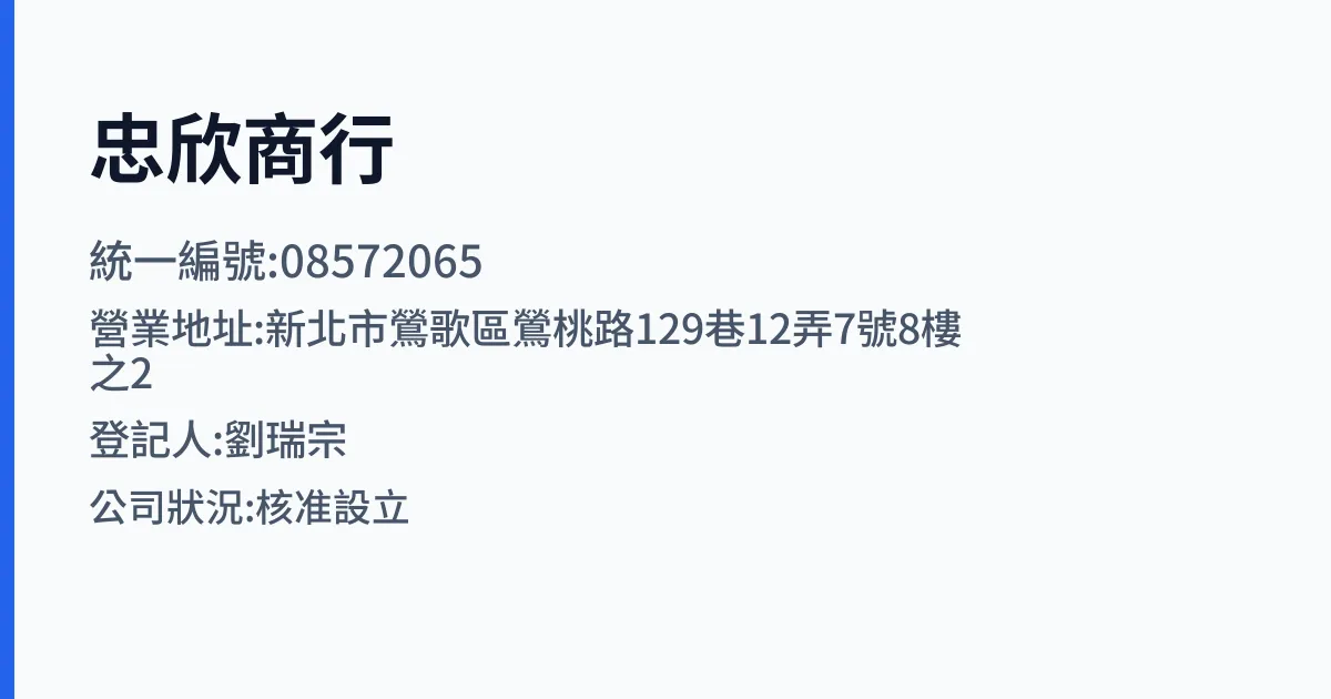 忠欣商行 - 統編 08572065(新北市) 公司登記資料與營業項目詳細圖表