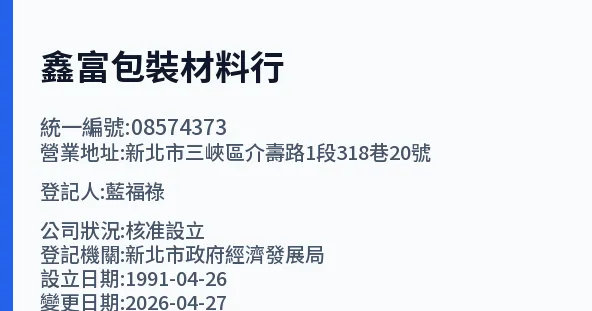 鑫富包裝材料行的照片-統編 08574373(新北市) 公司登記資料與營業項目詳細圖表
