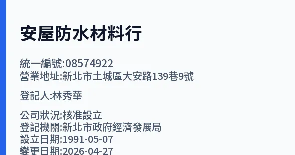 安屋防水材料行的照片-統編 08574922(新北市) 公司登記資料與營業項目詳細圖表