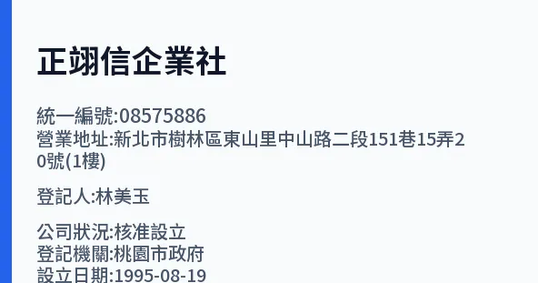 正翊信企業社的照片-統編 08575886(新北市) 公司登記資料與營業項目詳細圖表