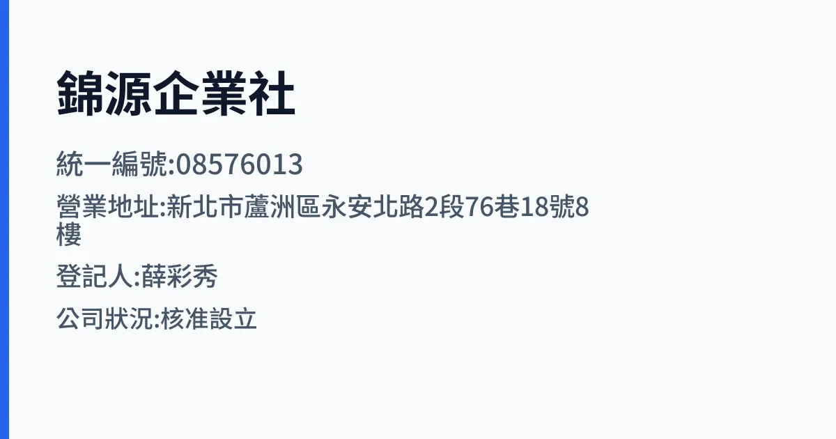 錦源企業社 - 統編 08576013(新北市) 公司登記資料與營業項目詳細圖表