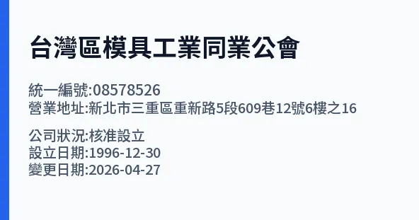 台灣區模具工業同業公會的照片-統編 08578526(新北市) 公司登記資料與營業項目詳細圖表
