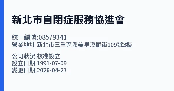 新北市自閉症服務協進會的照片-統編 08579341(新北市) 公司登記資料與營業項目詳細圖表