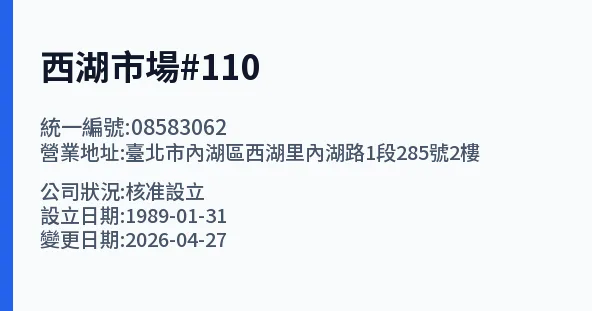 西湖市場#110的照片-統編 08583062(臺北市) 公司登記資料與營業項目詳細圖表