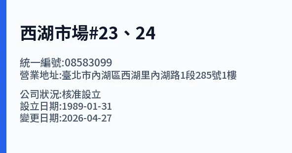 西湖市場#23、24的照片-統編 08583099(臺北市) 公司登記資料與營業項目詳細圖表
