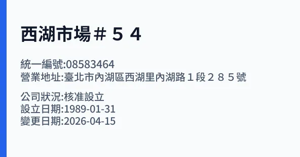 西湖市場＃５４的照片-統編 08583464(臺北市) 公司登記資料與營業項目詳細圖表