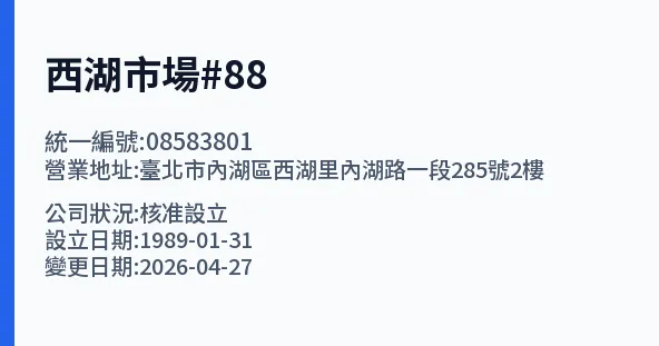 西湖市場#88的照片-統編 08583801(臺北市) 公司登記資料與營業項目詳細圖表