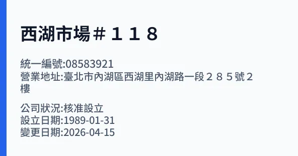西湖市場＃１１８的照片-統編 08583921(臺北市) 公司登記資料與營業項目詳細圖表