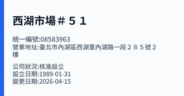 西湖市場＃５１的照片-統編 08583963(臺北市) 公司登記資料與營業項目詳細圖表