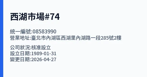 西湖市場#74的照片-統編 08583990(臺北市) 公司登記資料與營業項目詳細圖表