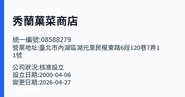 秀蘭菓菜商店的照片-統編 08588279(臺北市) 公司登記資料與營業項目詳細圖表